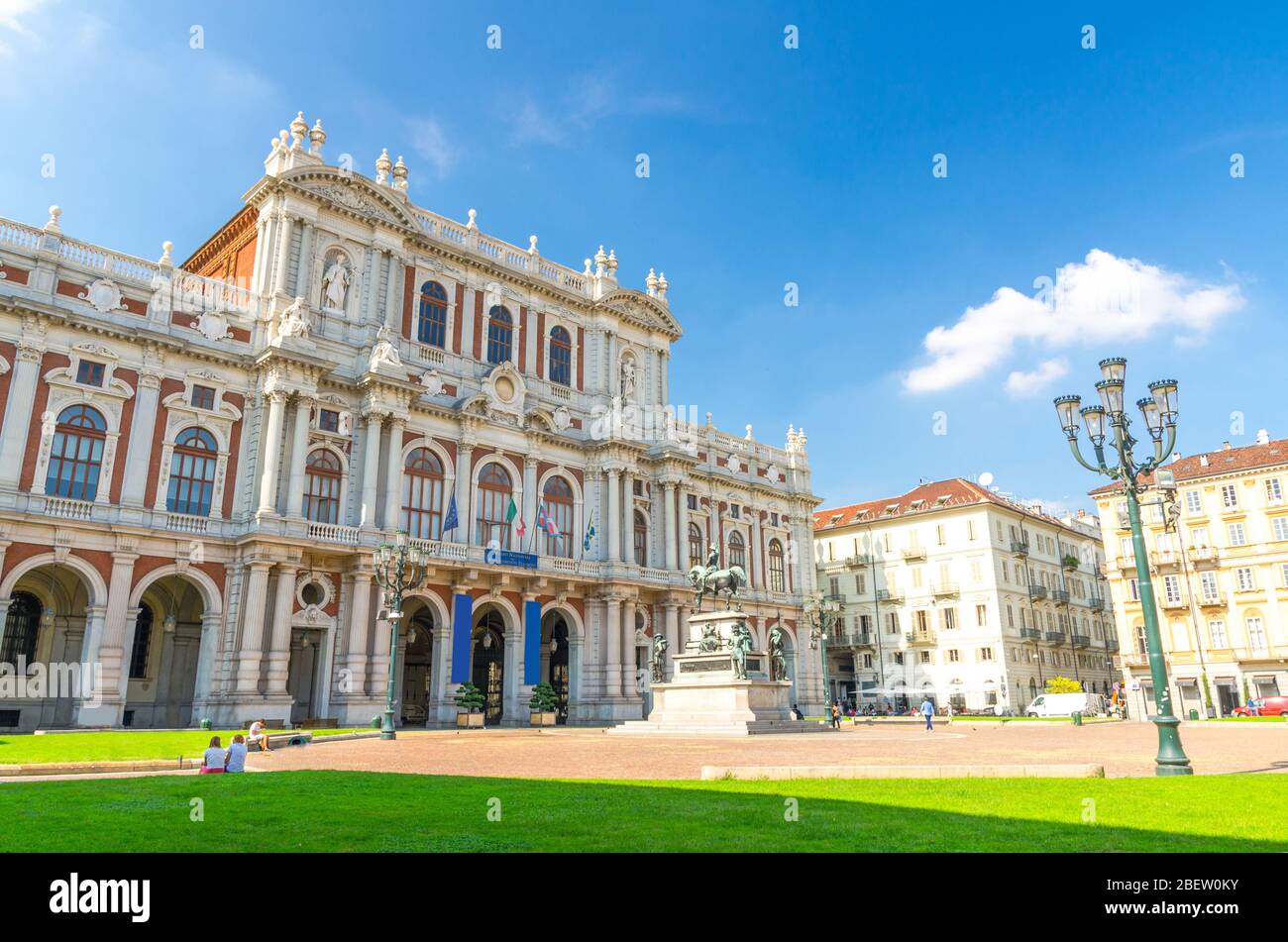 Turin, Italy, September 10, 2018: Facade of Palazzo Carignano palace ...