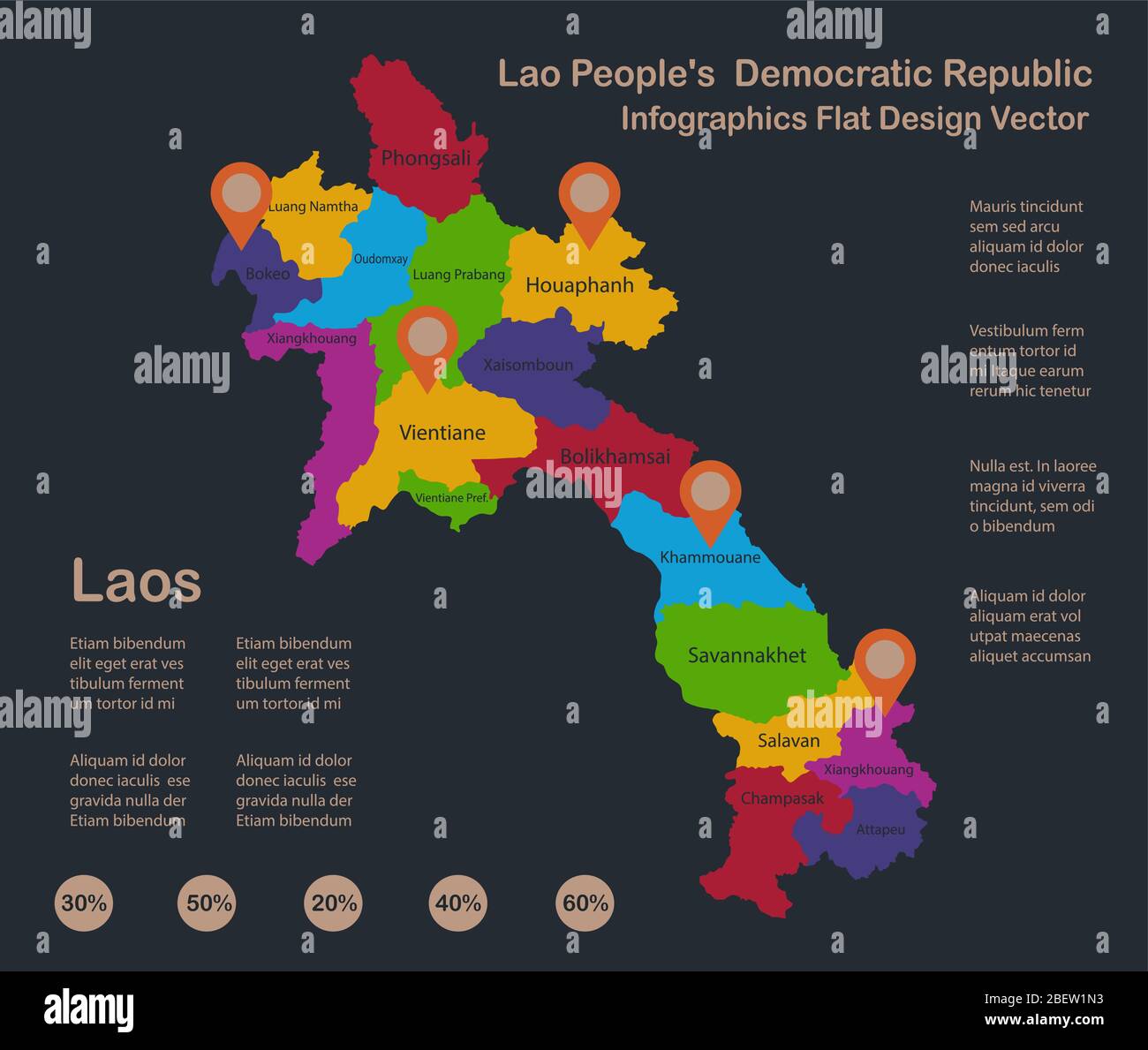 Infographics Laos map, flat design colors, with names of individual ...