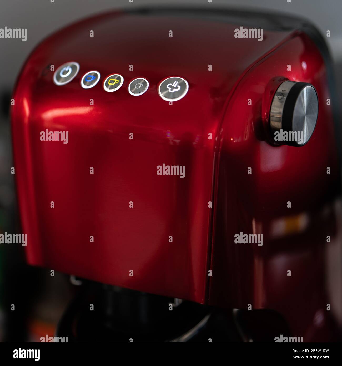 Deep Red Coffee Machine Close-Up View with illuminated Knobs Stock ...