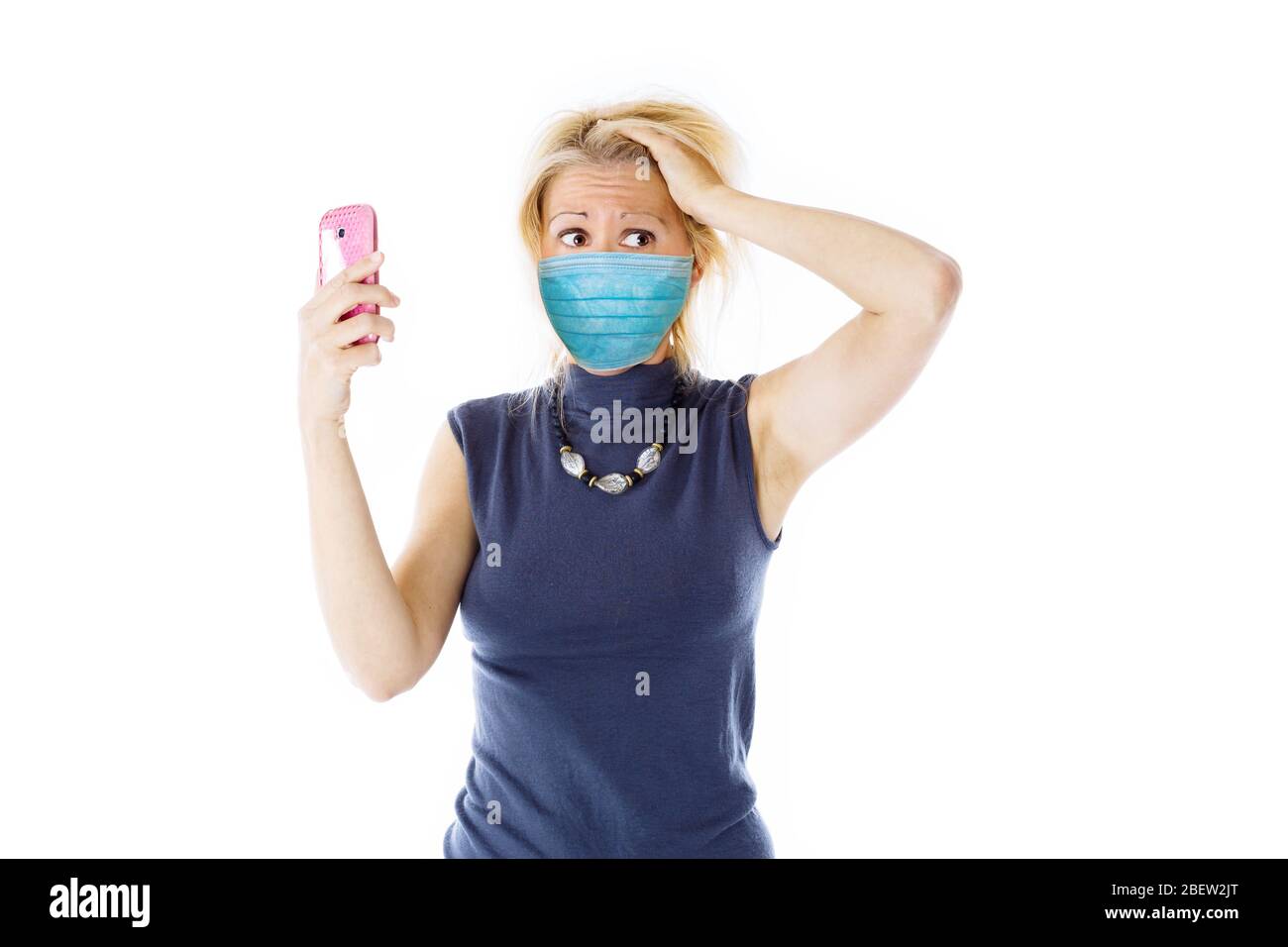 COVID-19 Selfie: woman with a surgical mask isolated on white ...
