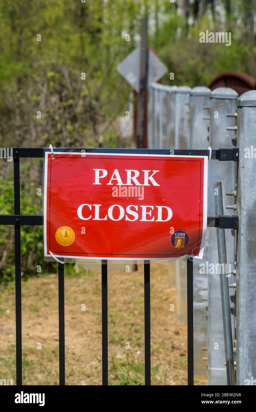 Kennesaw, GA / USA - 04/03/20: Park closed sign at Cobb County park ...