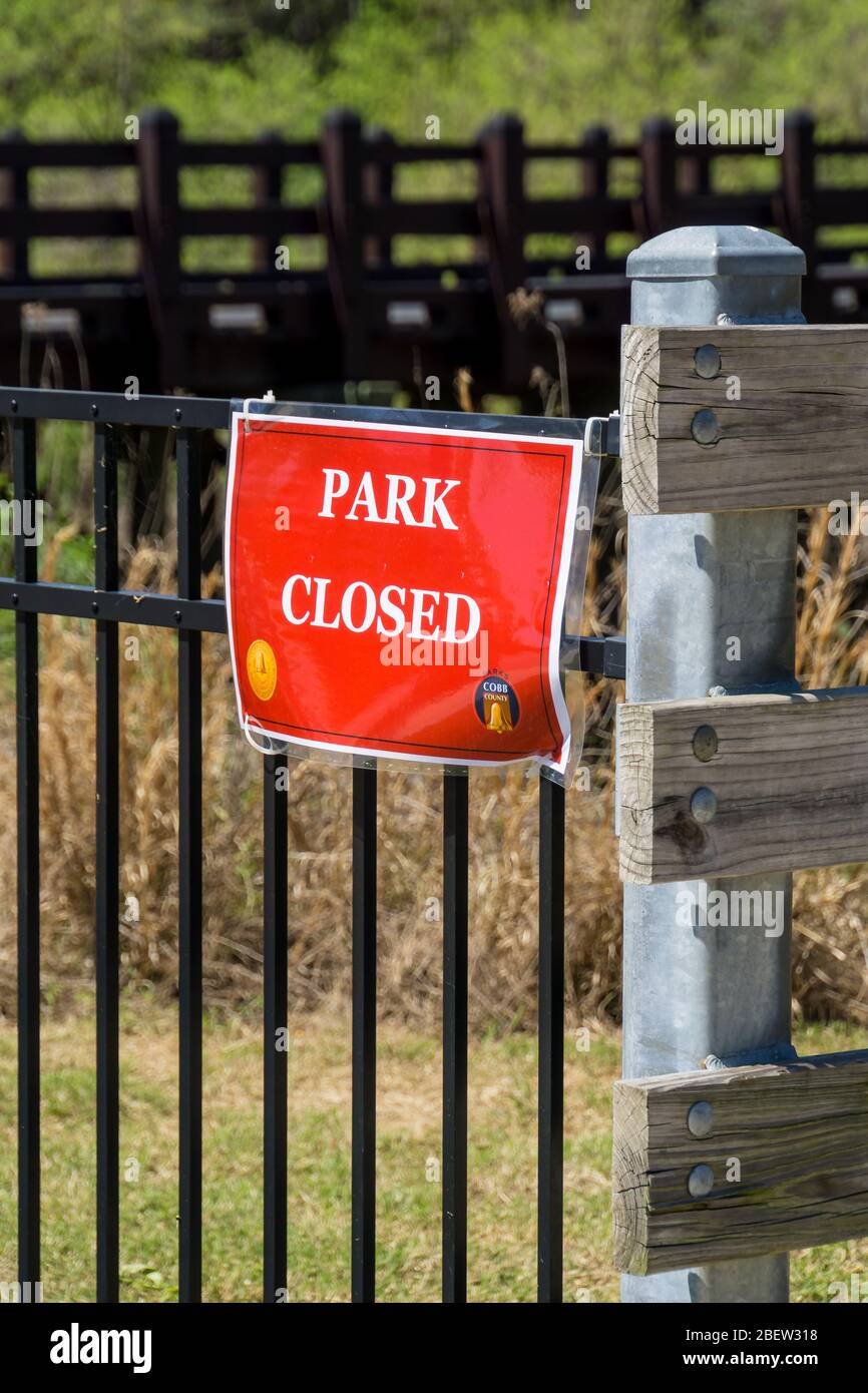 Kennesaw, GA / USA - 04/03/20: Park closed sign at Cobb County park ...