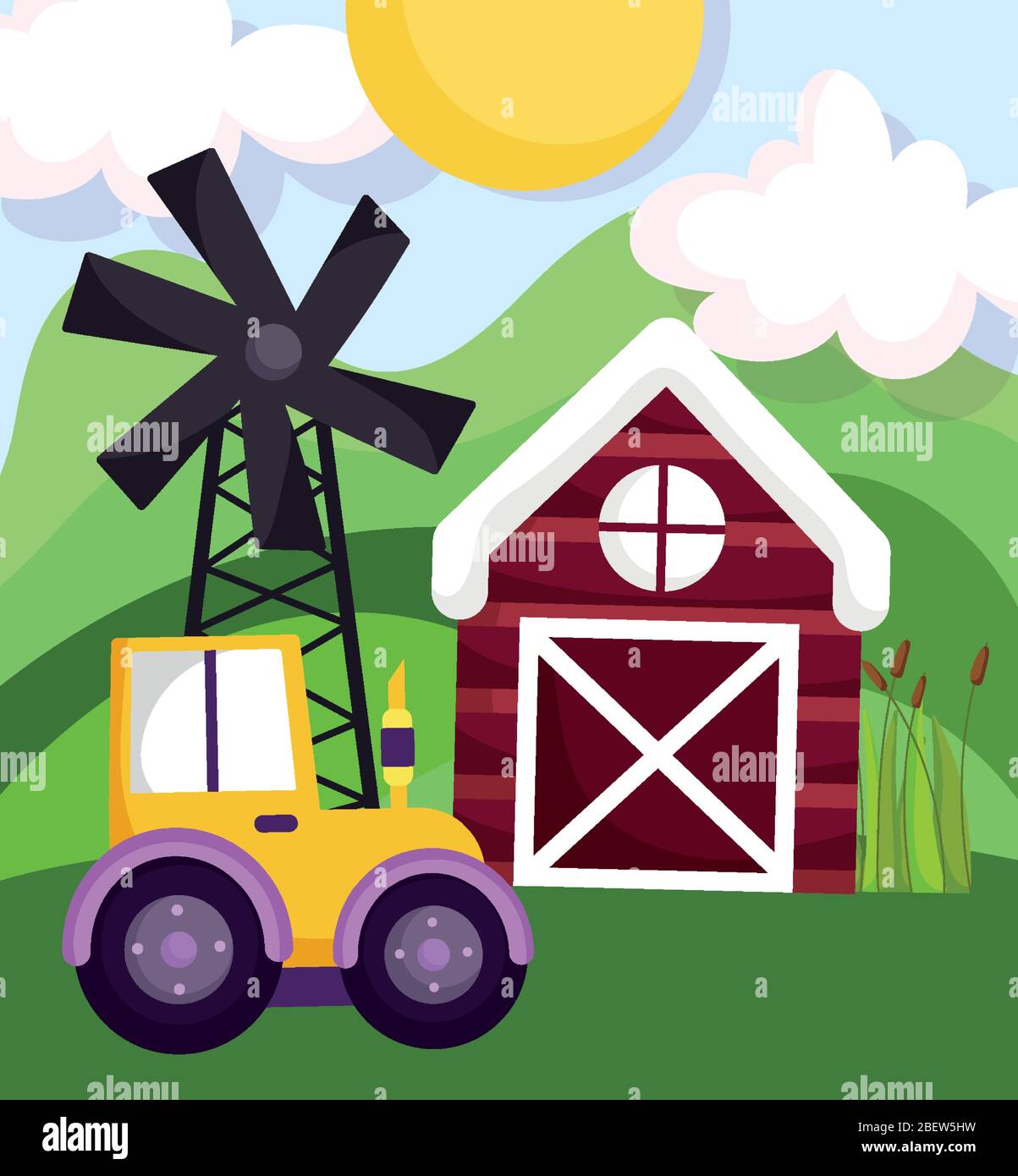 farm animals tractor barn windmill field cartoon vector illustration ...