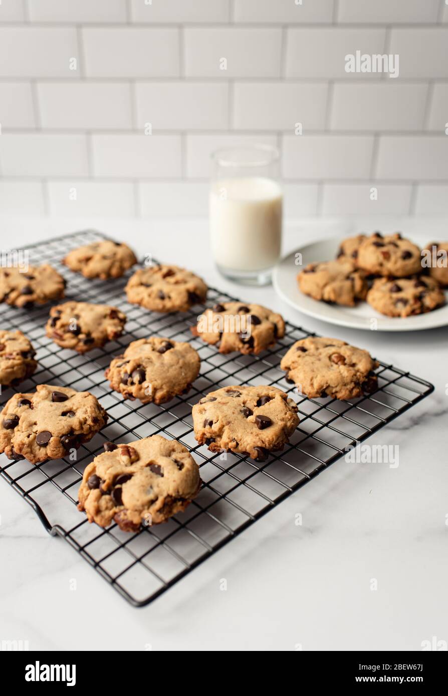 Freshly baked chocolate chip cookies and milk on white marble counter ...