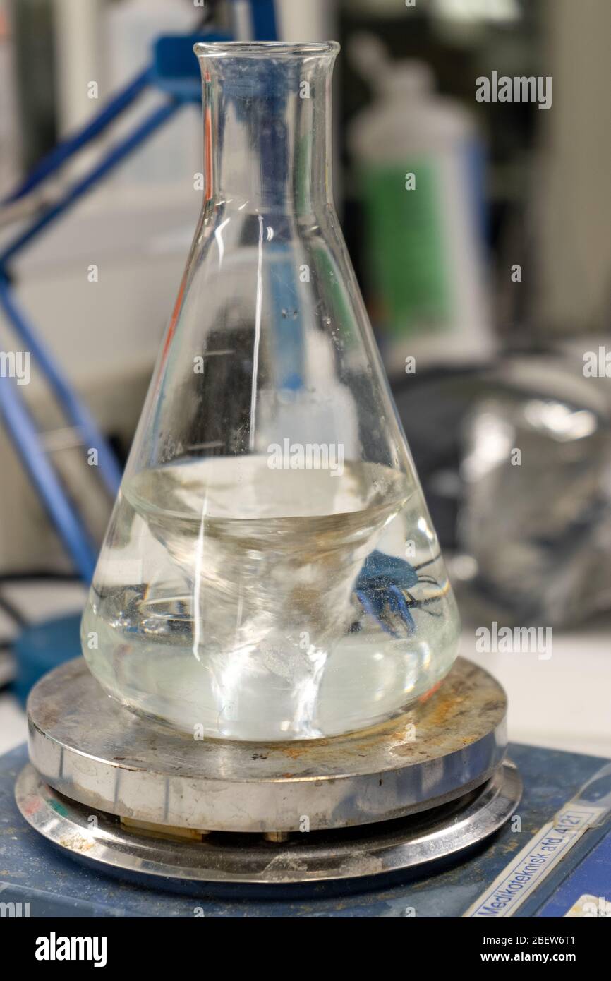 Experimental test on the erlenmeyer flask in the laboratory Stock Photo ...