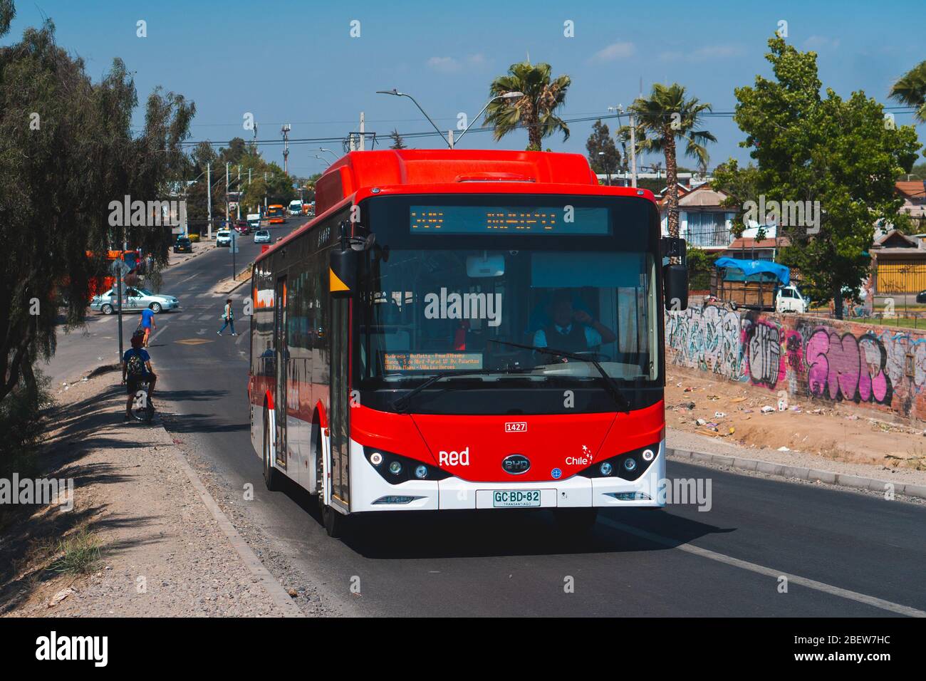 SANTIAGO, CHILE - NOVEMBER 2019: A Red Movilidad (Ex Transantiago) bus ...