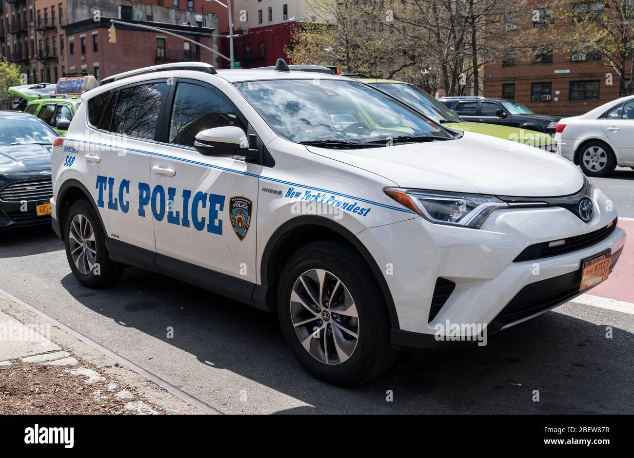 New York, NY - April 15, 2020: TLC police car seen where taxi lined up ...