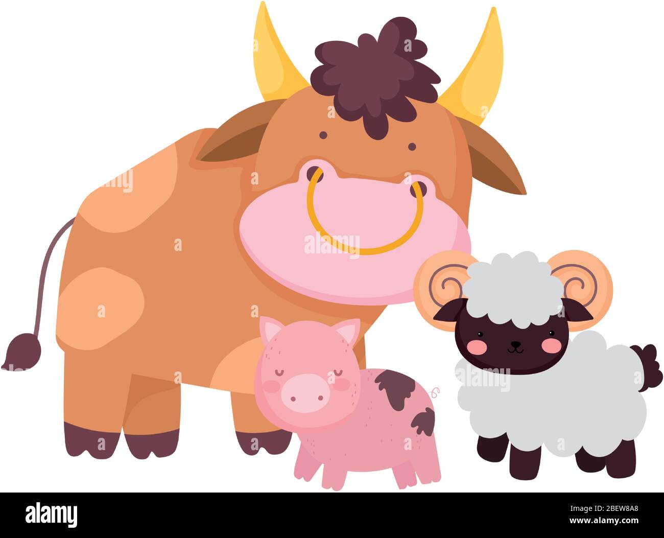 farm animals pig bull and goat cartoon isolated icon on white ...