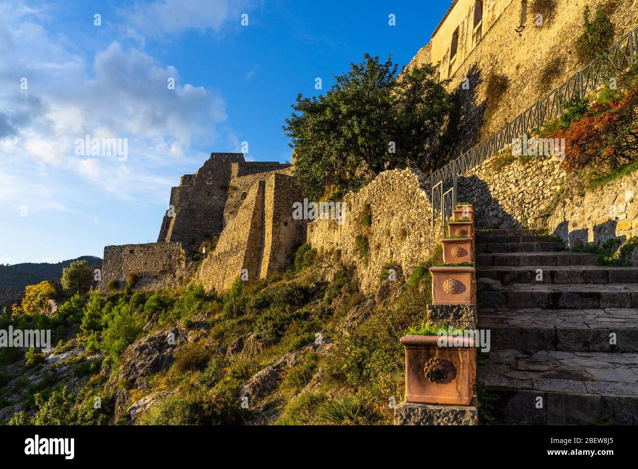 Scenic view at sunset of Arechi Castle, one of the ancient buildings of ...