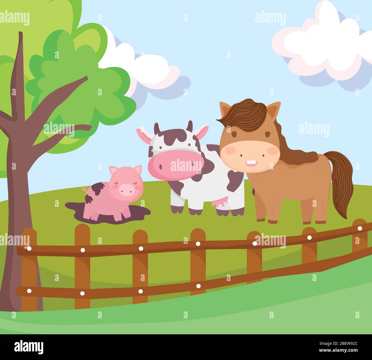 farm animals horse cow and pig in mud fence tree grass cartoon vector ...