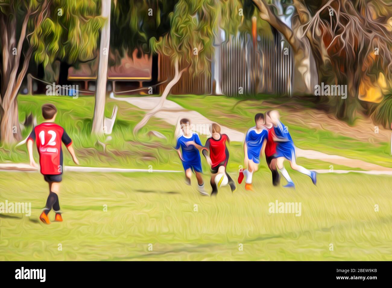 Boys soccer match edited with a cartoon effect. Football game between ...