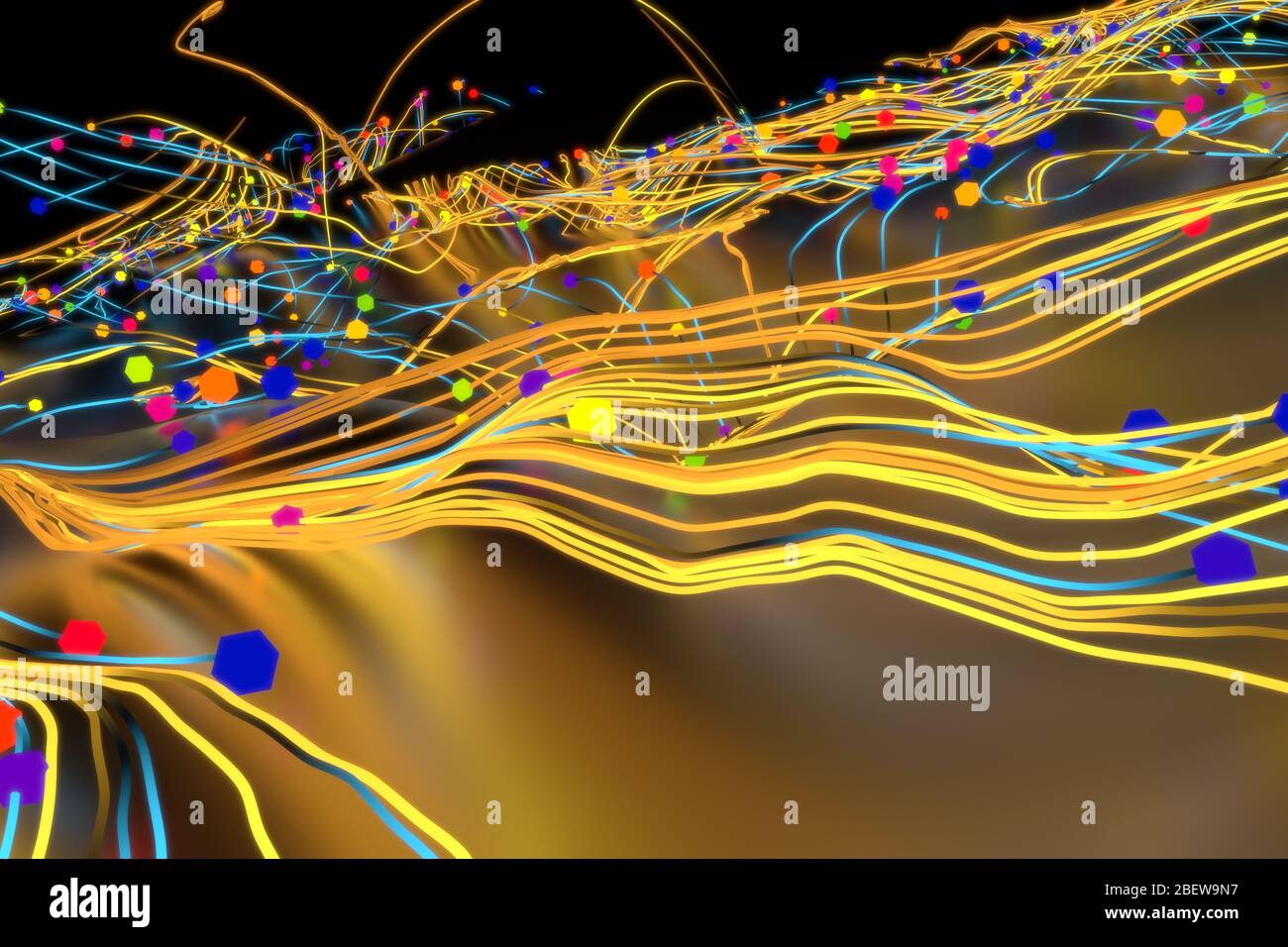 Neon glowing twisted cosmic lines on the glossy surface. Turbulence ...