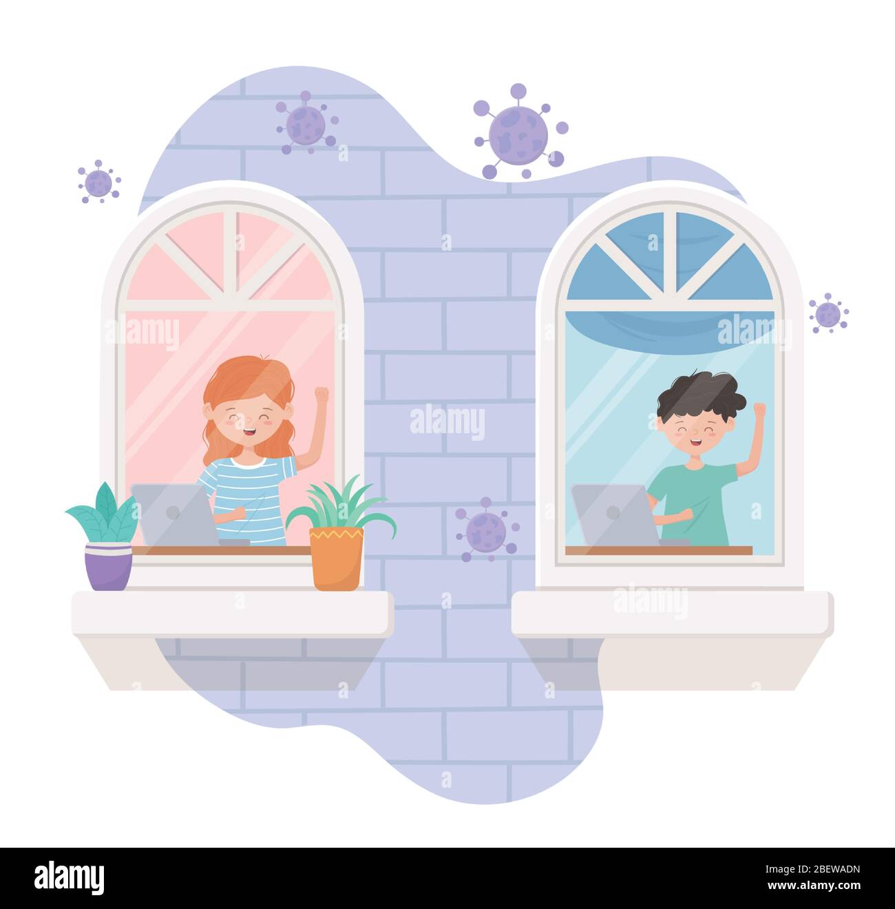 stay at home quarantine, people with laptop working in room window ...