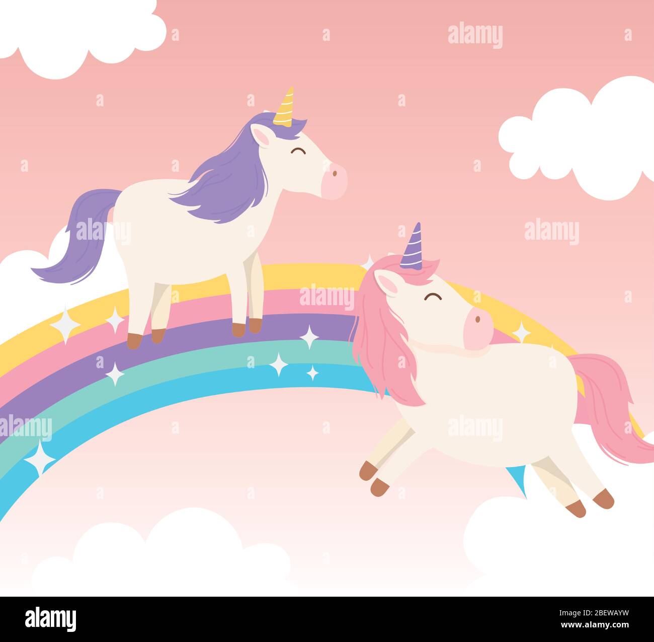 unicorns playing in rainbow magical fantasy cartoon cute animal vector ...