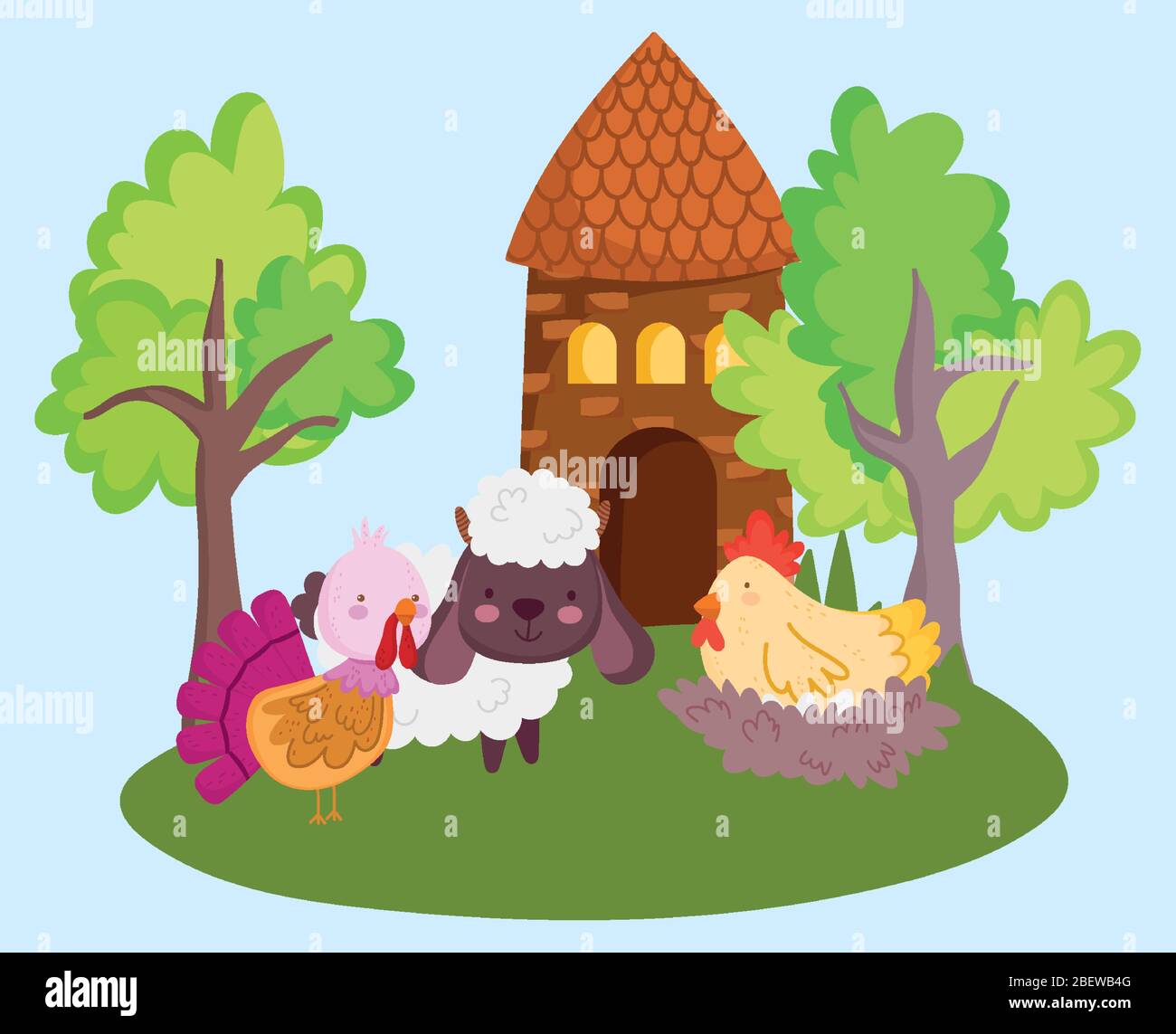 farm animals sheep turkey hen in nest barn trees cartoon vector ...
