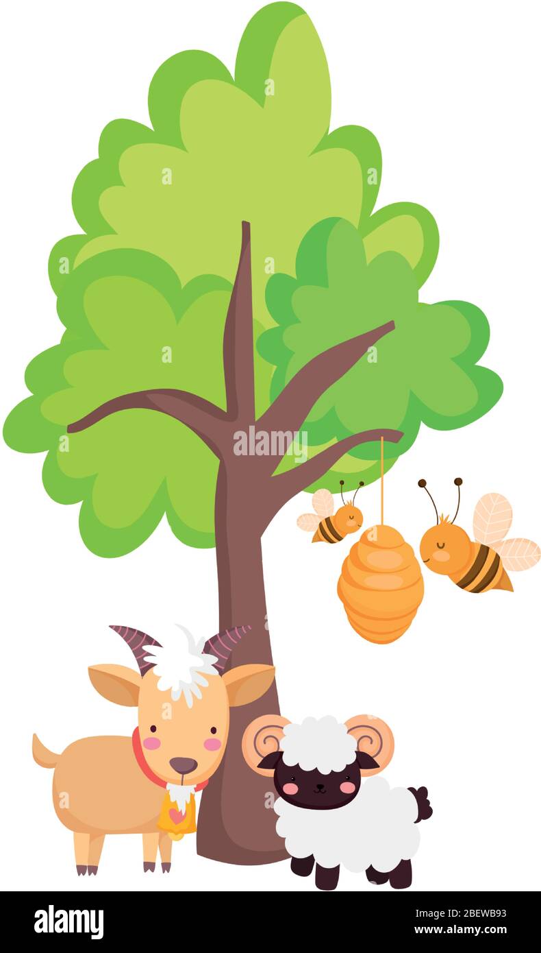 farm animals goat ram and bees in the hive tree cartoon vector ...