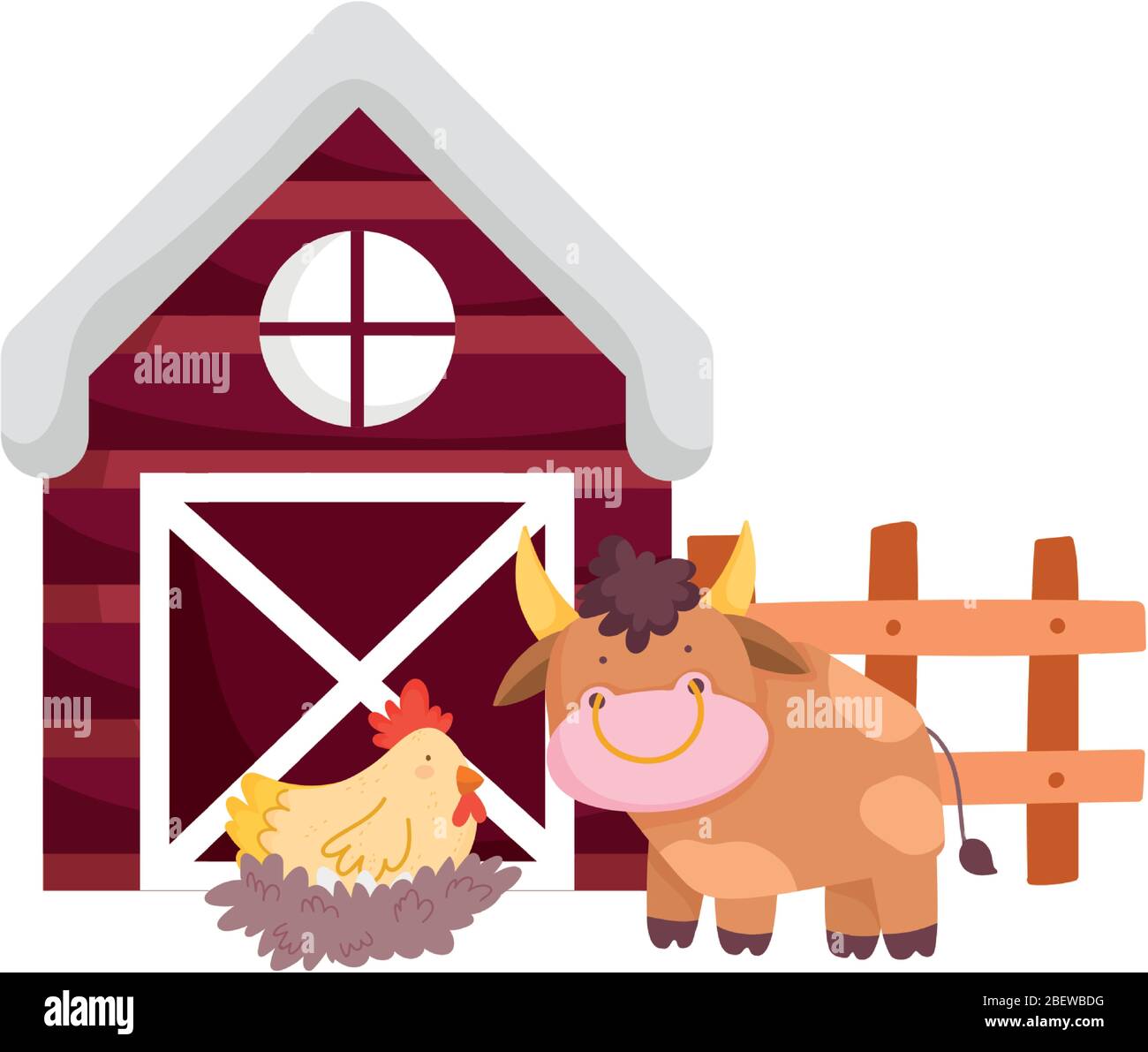 farm animals bull hen in nest wooden fence barn cartoon vector ...