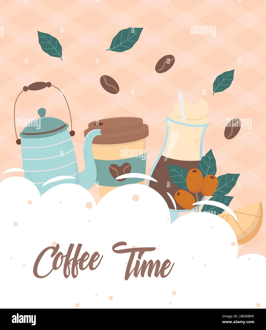 coffee time, teapot takeaway cup mocha seeds fresh beverage vector ...