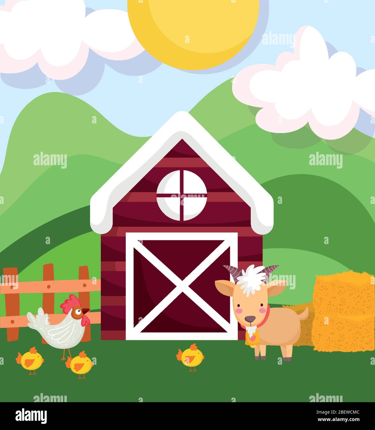 farm animals ram rooster and chickens barn fence hay cartoon vector ...