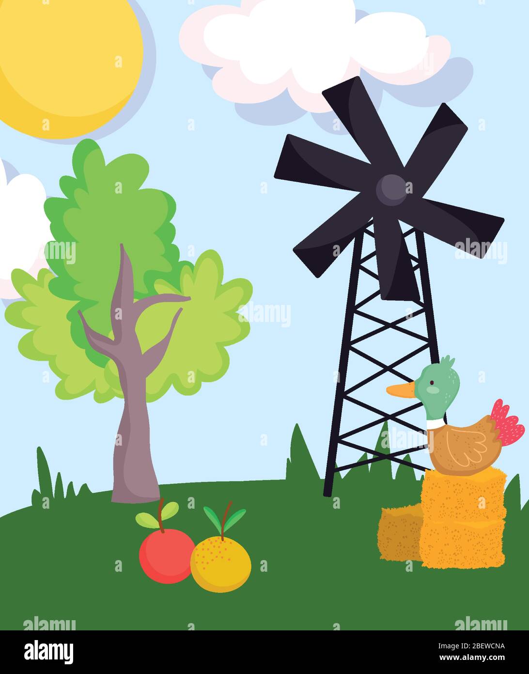 farm animals duck in hay fruits windmill tree grass cartoon vector ...