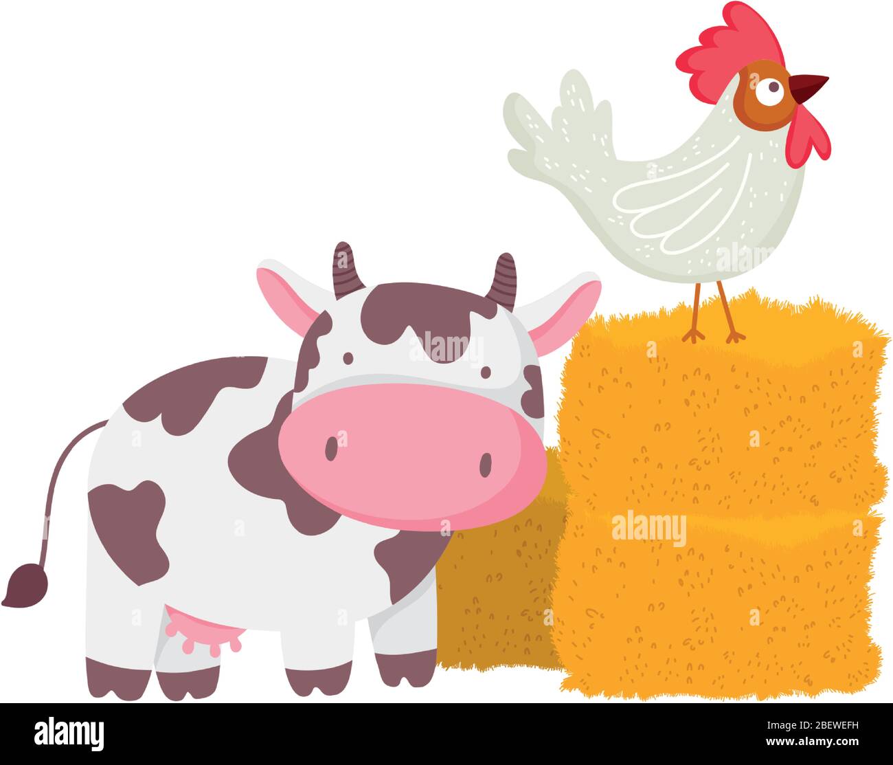 cow and rooster in stack of hay farm animal cartoon vector illustration ...