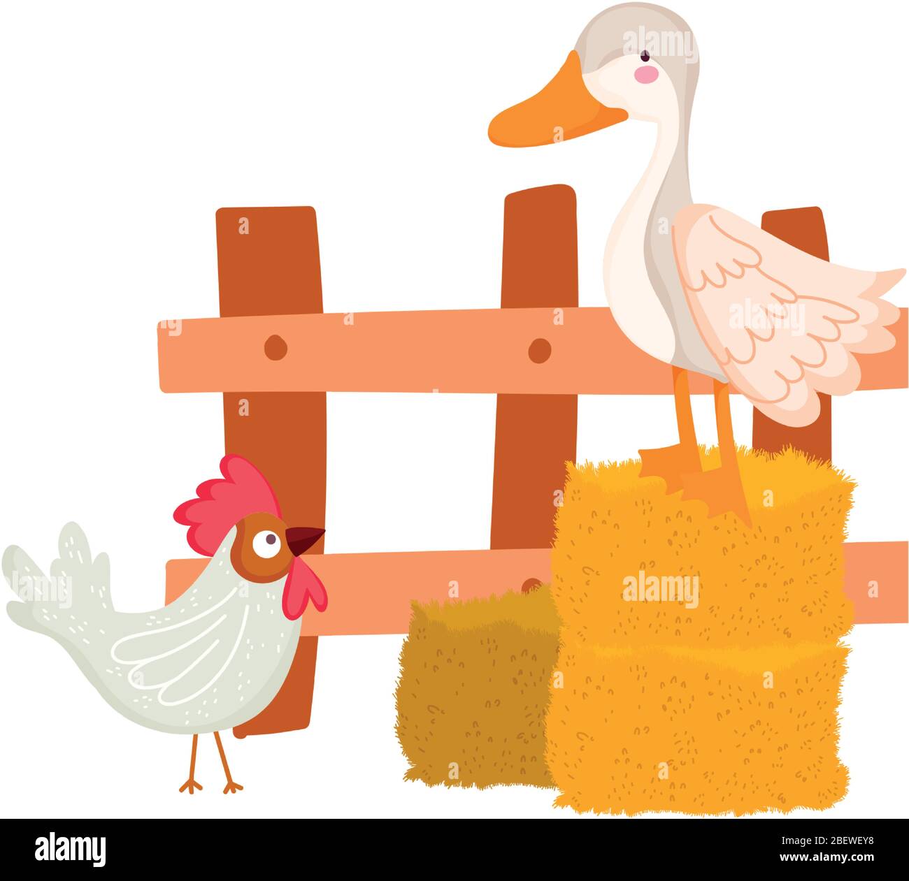 farm animals goose and rooster hay wooden fence cartoon vector ...