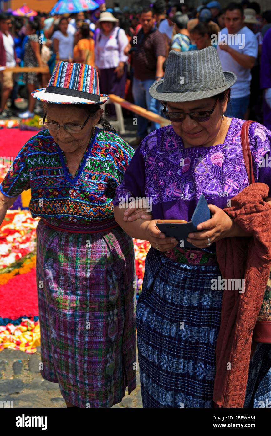 Women in trditional dress, Antigua City, Guatemala, Central America ...