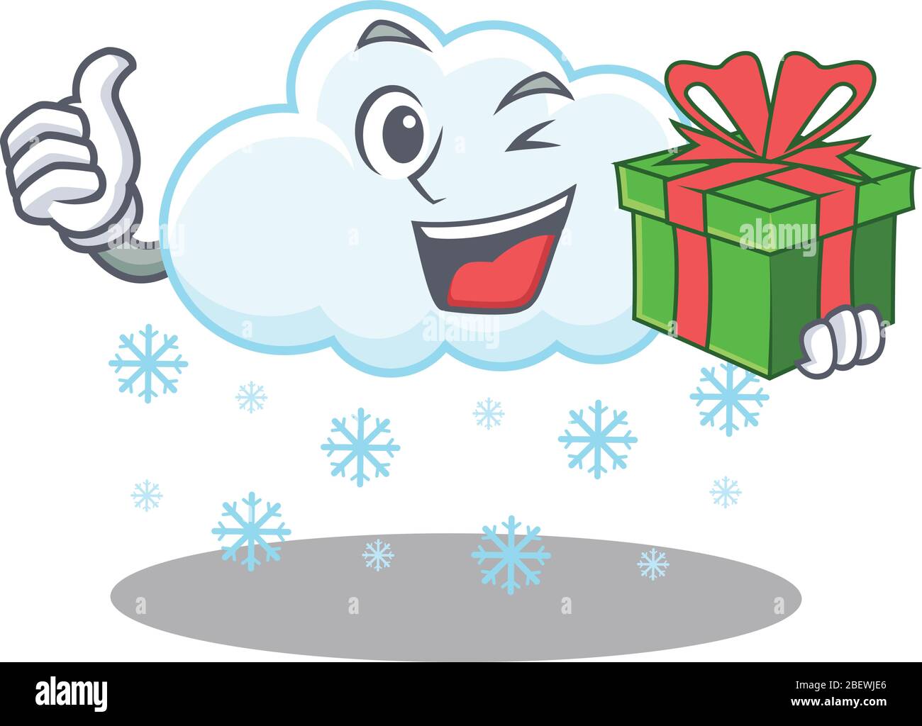 Smiling snowy cloud cartoon character having a green gift box Stock ...