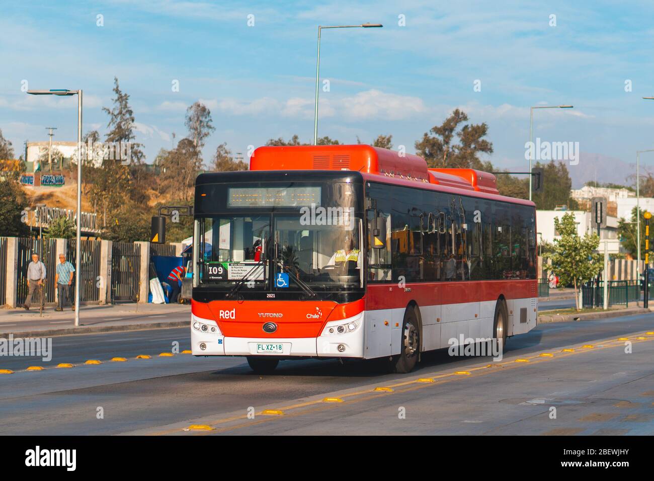 SANTIAGO, CHILE - NOVEMBER 2019: A Red Movilidad electric bus in Maipú ...