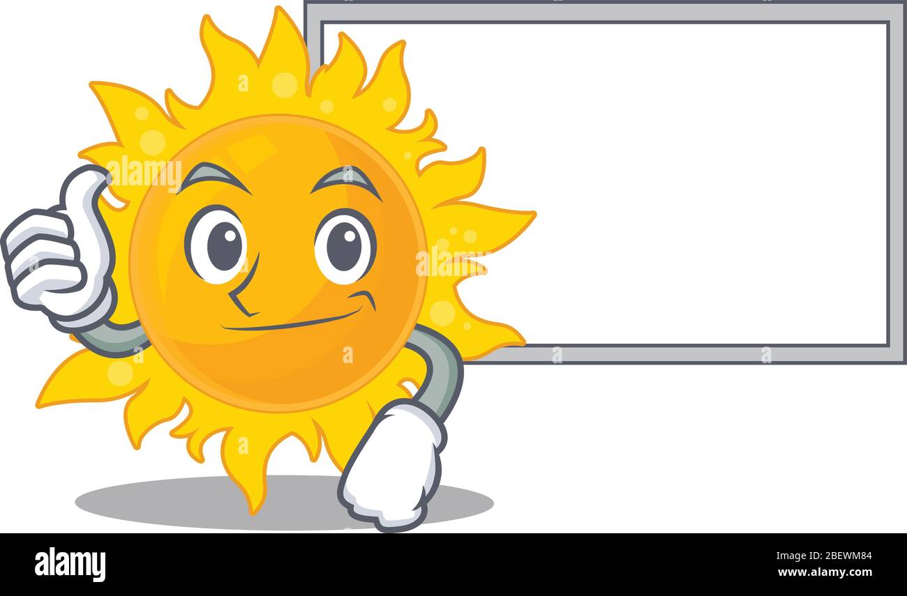 Humorous summer sun cartoon design Thumbs up bring a white board Stock ...
