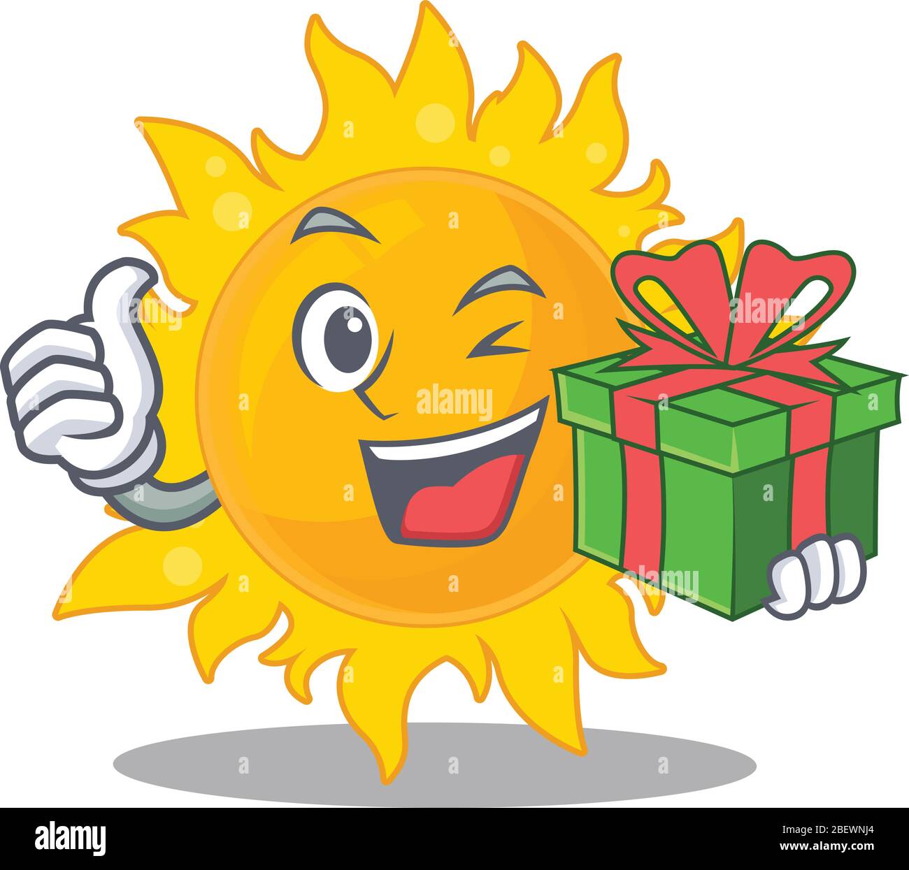 Smiling summer sun cartoon character having a green gift box Stock ...