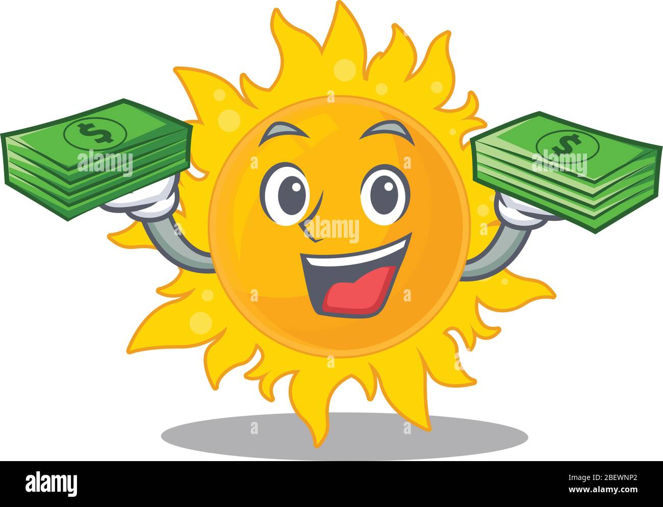 A wealthy summer sun cartoon character having money on hands Stock ...