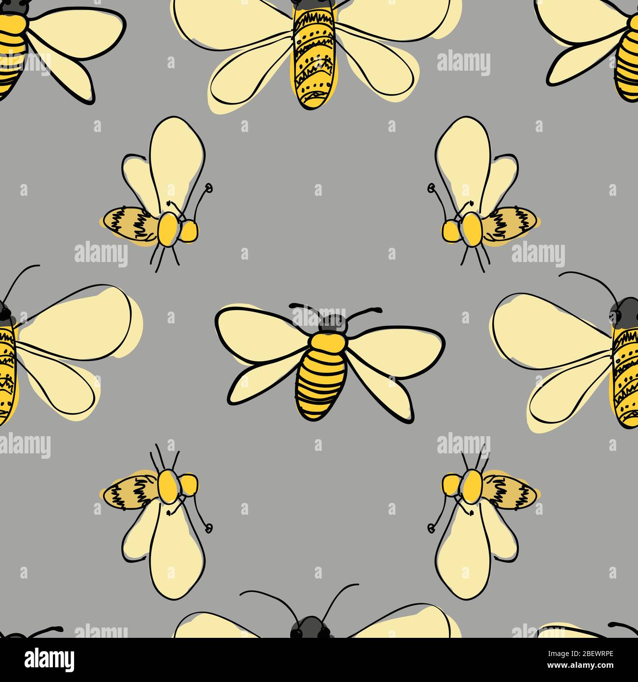 Bees flying around on gray background seamless vector pattern surface ...
