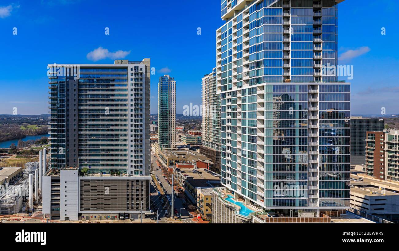 View onto modern new construction skyscraper buildings in downtown ...
