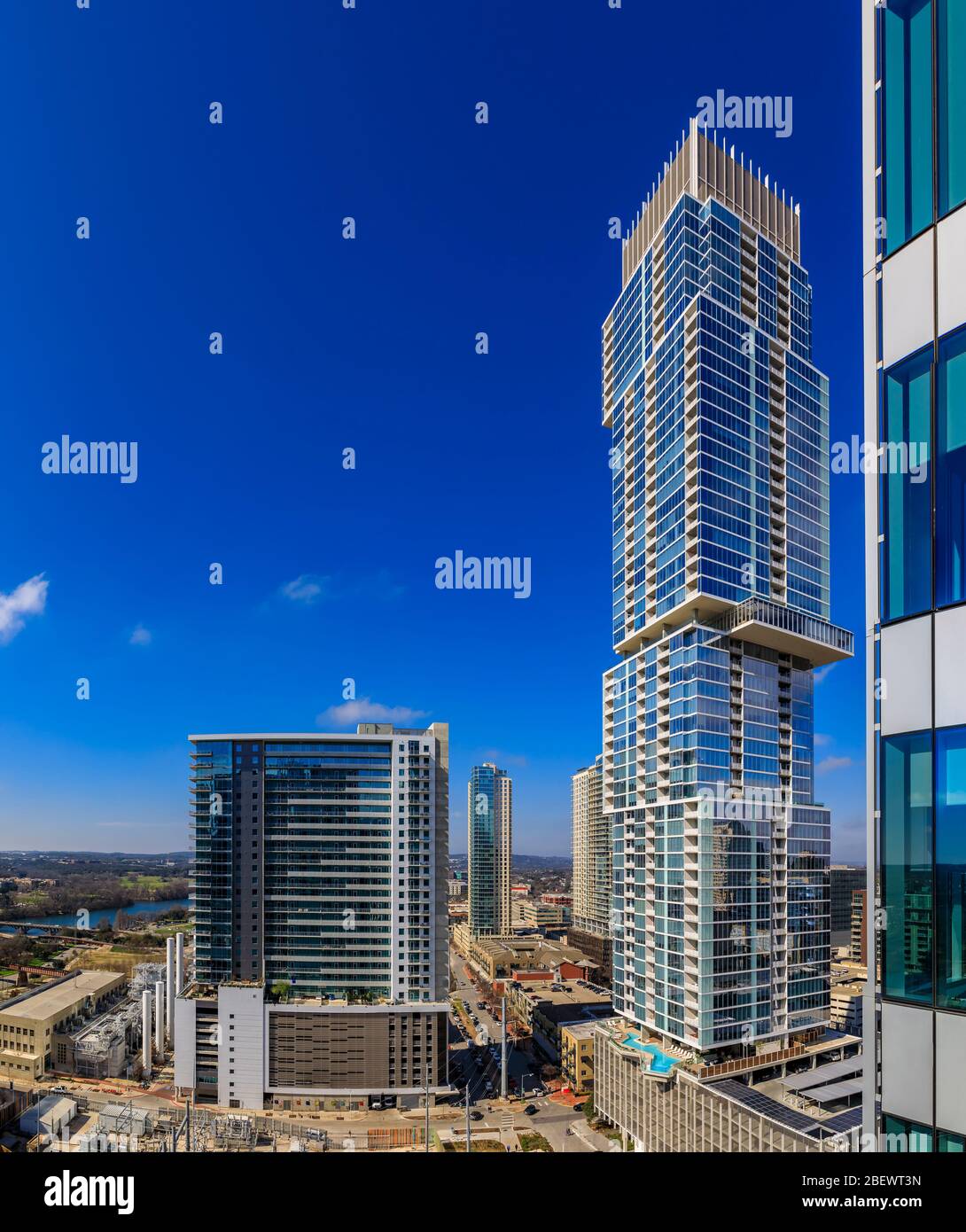 View onto modern new construction skyscraper buildings in downtown ...