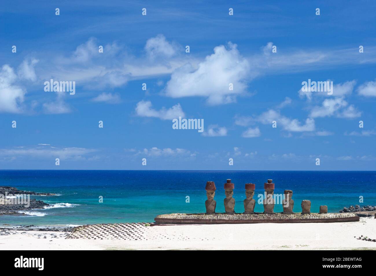 Ahu Nao-Nao, a stone platform with 7 moai on Anakena white sand beach ...