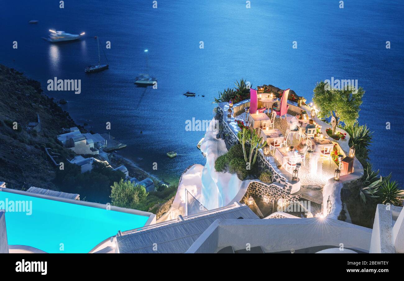 Restaurant terrace over the ocean at night. Luxury and holiday concept ...