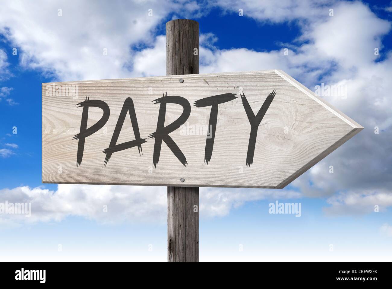 Party - wooden signpost with one arrow Stock Photo - Alamy