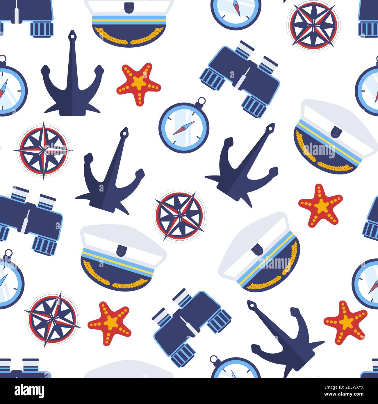 Marine symbols, nautical anchor and captain hat seamless pattern Stock ...