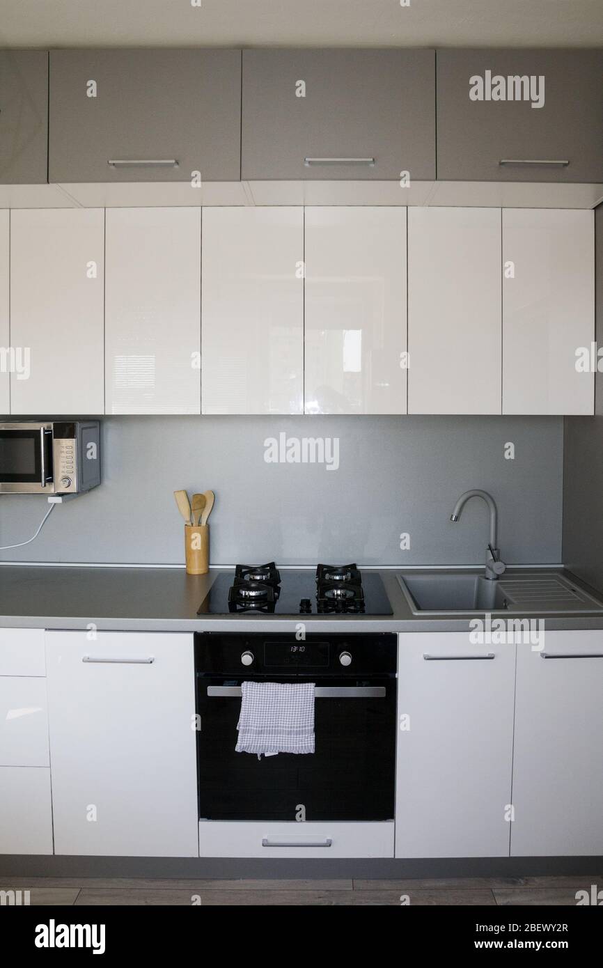 Scandinavian, Minimalism Home. White Kitchen Design. Modern white shiny ...