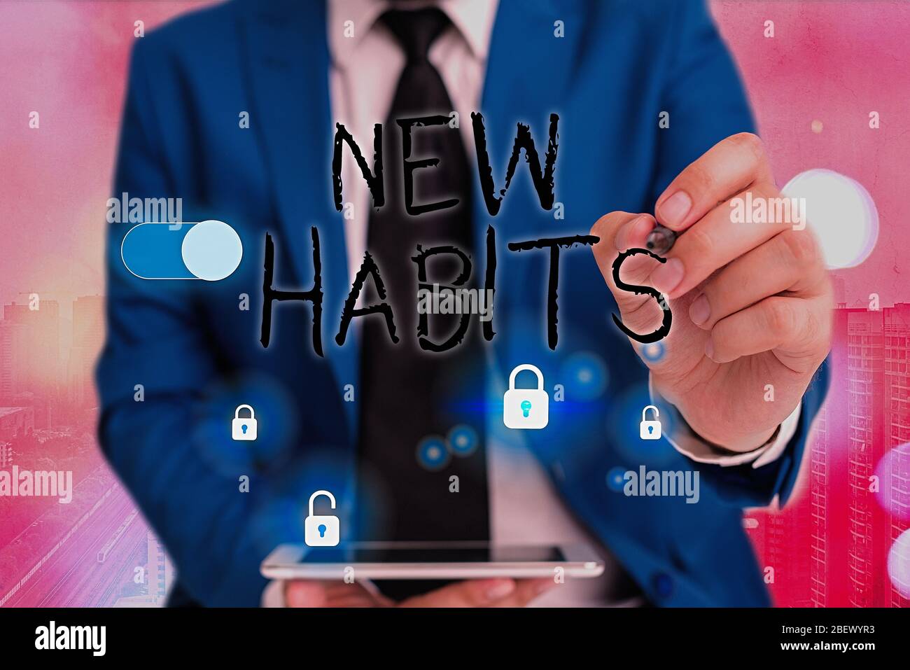 Writing note showing New Habits. Business concept for change the ...