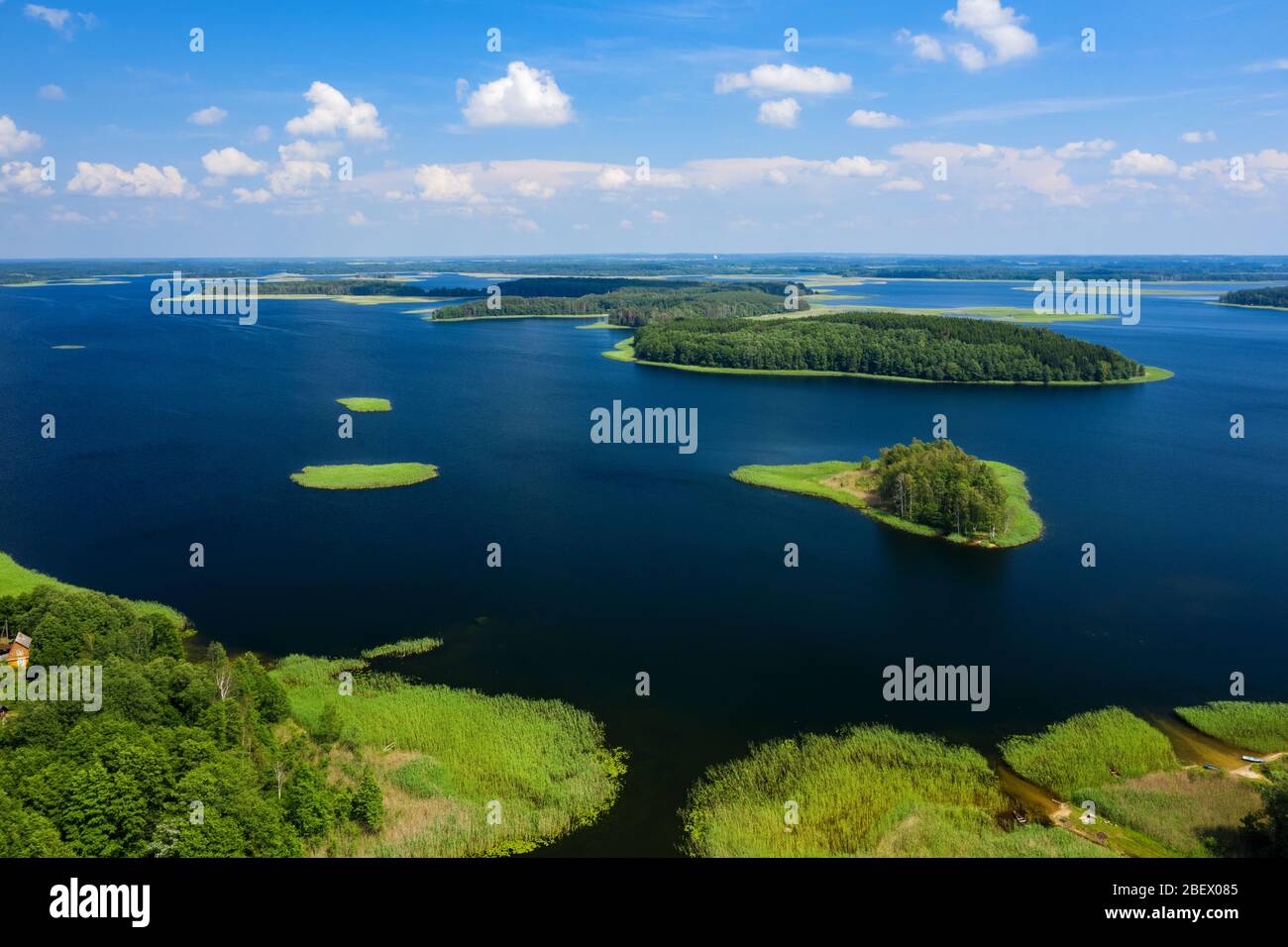 Aerial view on beautiful lake in national park. Drone photo of braslaw ...