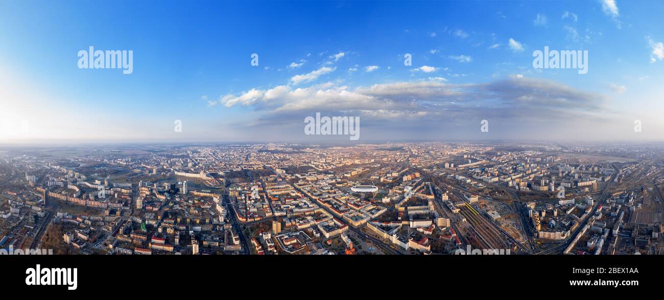 Aerial panorama of Minsk, Belarus in early spring. Minsk center from ...