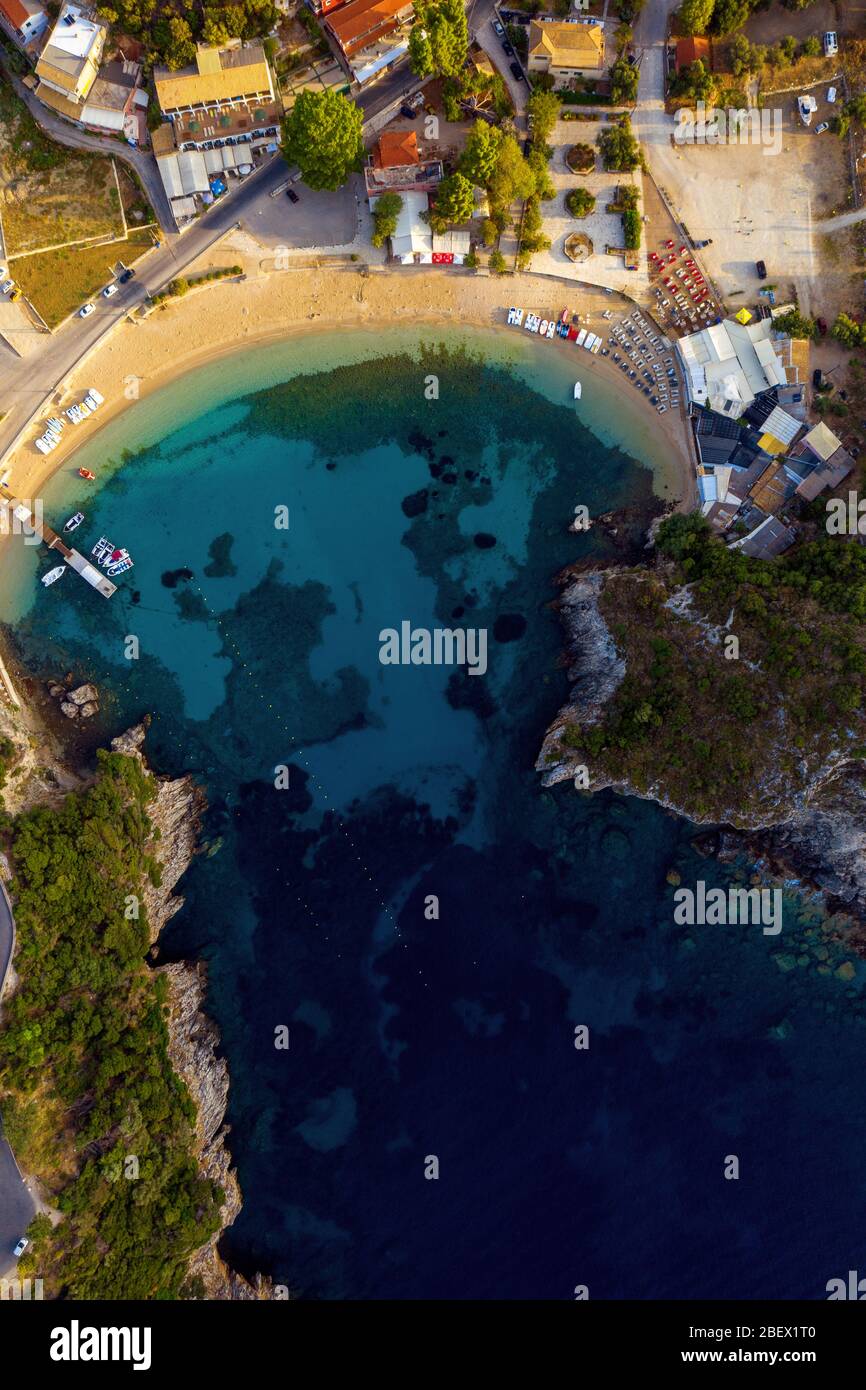 Aerial view on a paradise beach in Corfu. A beautiful view on a beach ...