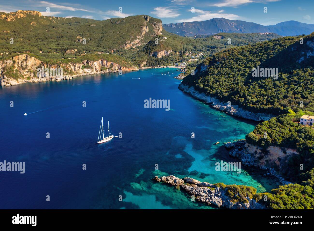 Aerial of a beautiful mediterranean lagoon in Greece. Corfu island ...