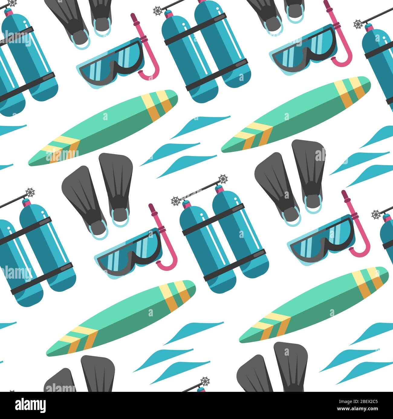 Scuba diving equipment and surfboard, summer sports seamless pattern Stock Vector Image & Art ...