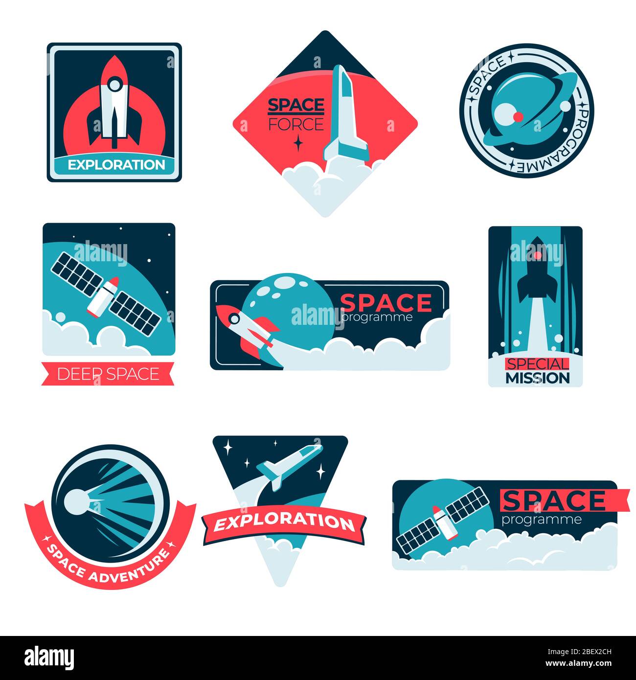 Space exploration, program and adventure, special mission labels Stock ...