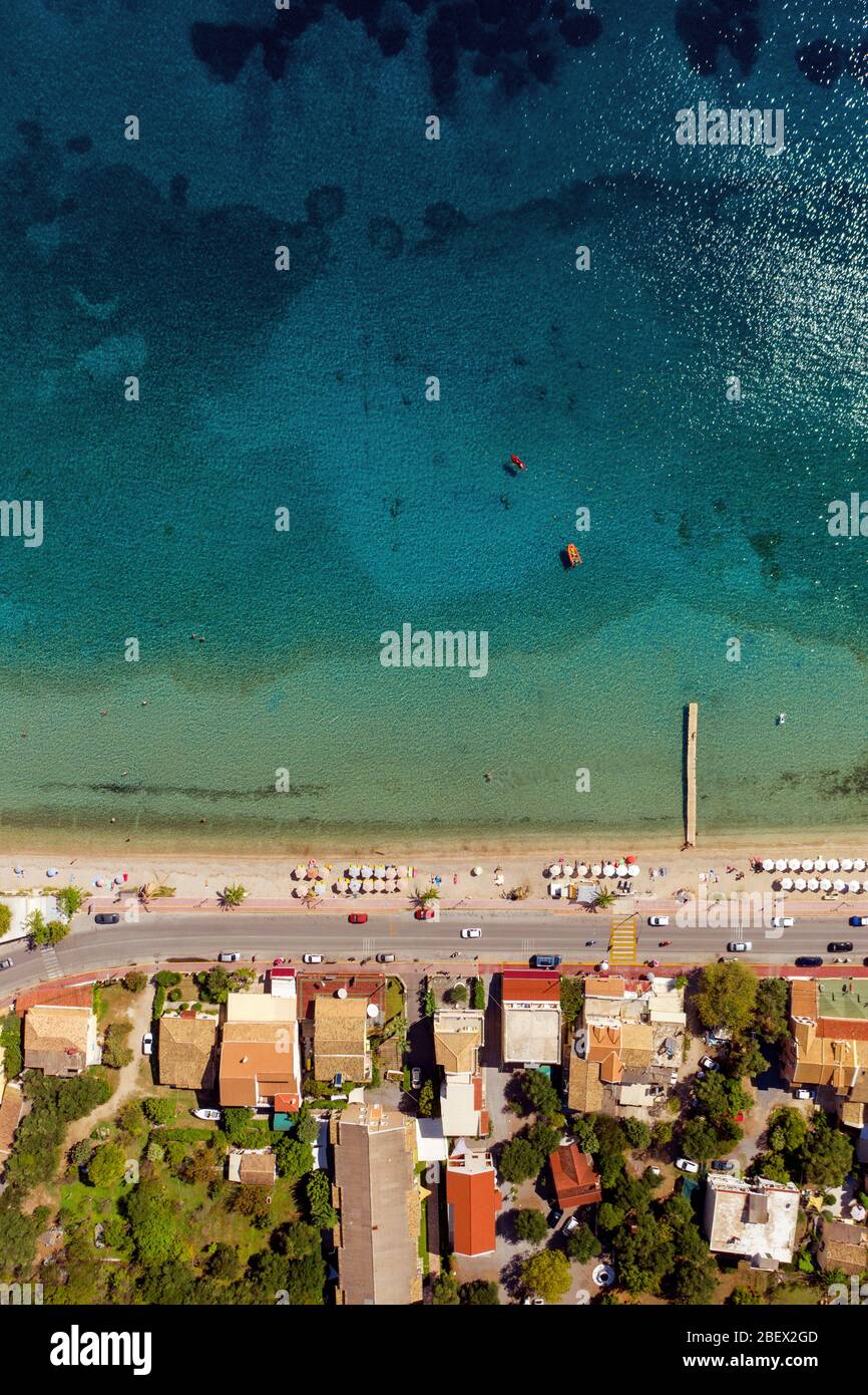 Aerial of beach in mediterranean sea in Greece. Beautiful greek resort ...