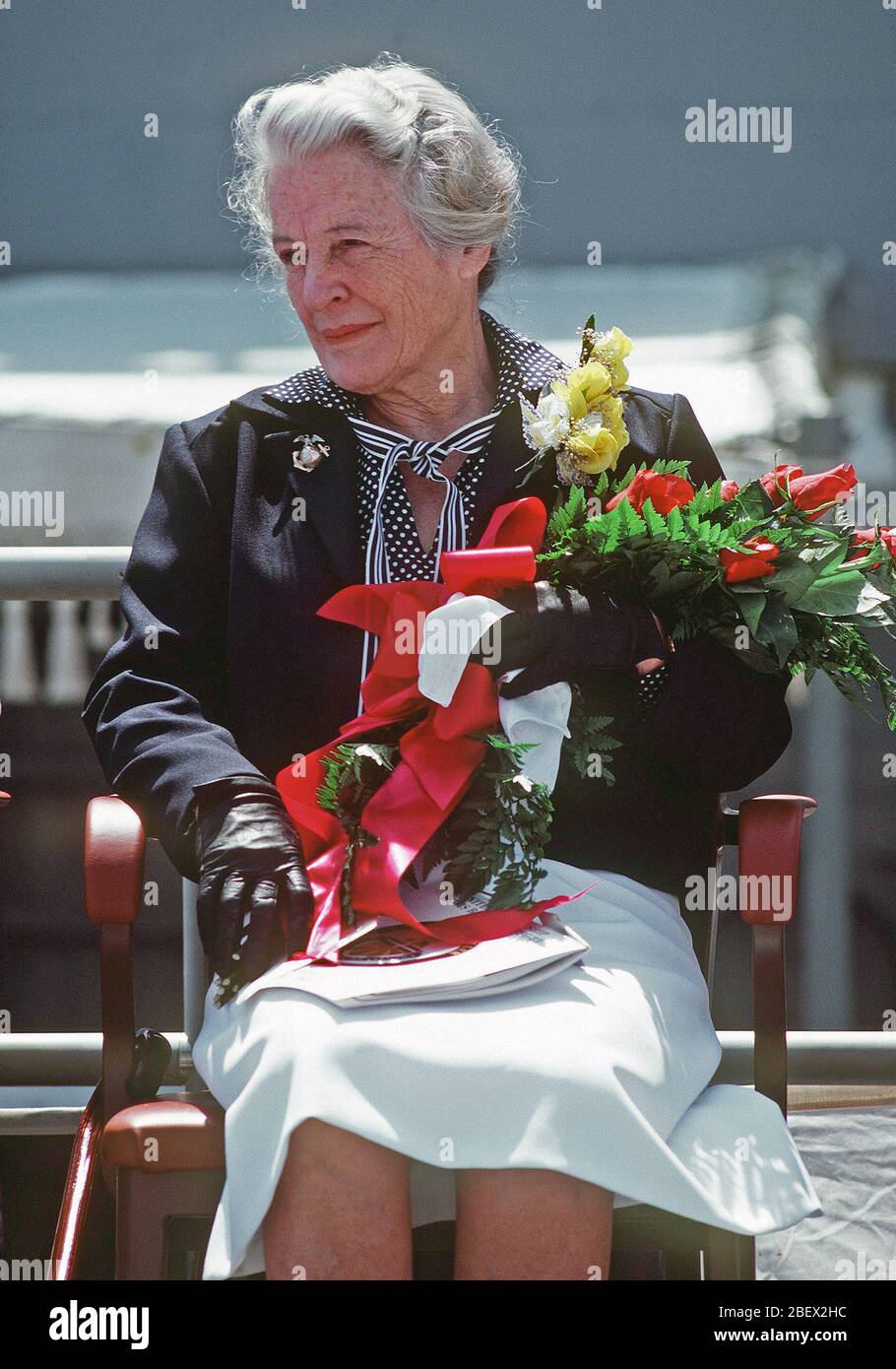 1982 - Mrs. Lewis B. Puller, ship's sponsor, listens during the ...