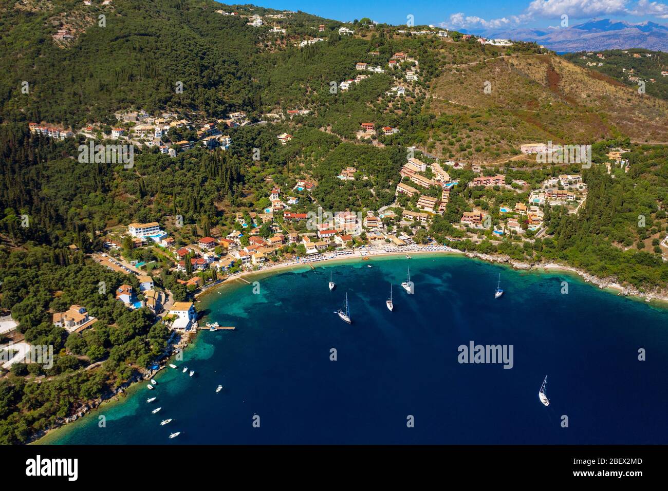 Aerial landscape of mediterranean island Corfu in Greece. Greek Kalami ...